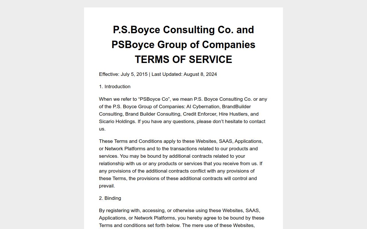 P.S.Boyce Consulting Co. and PSBoyce Group of Companies TERMS OF SERVICE
